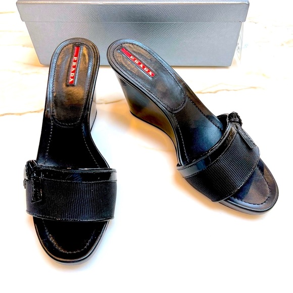 Prada | Shoes | Prada Sandal Wedges Patent Leather Sz45 In Box Like New ...